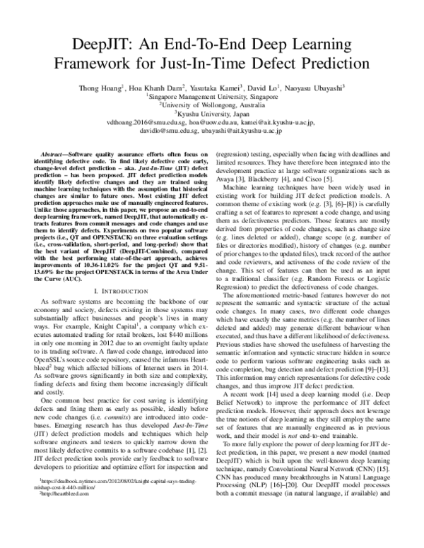 (PDF) DeepJIT: An End-to-End Deep Learning Framework for Just-in-Time Defect Prediction