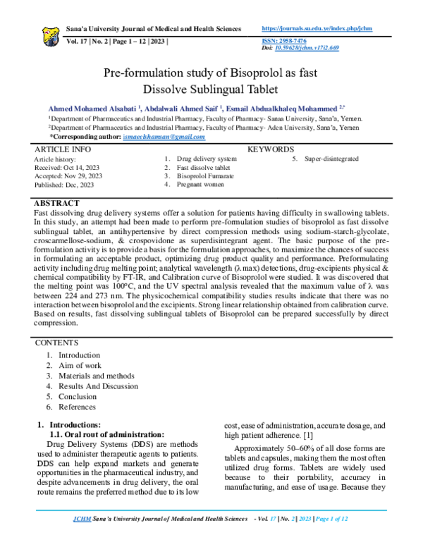 (PDF) Pre-formulation study of Bisoprolol as fast Dissolve Sublingual ...