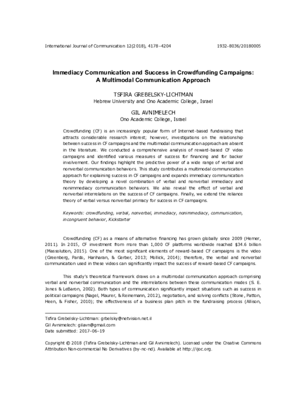 (PDF) Immediacy Communication and Success in Crowdfunding Campaigns: A ...