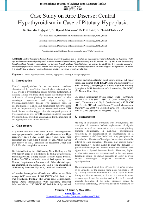 (PDF) Case Study on Rare Disease: Central Hypothyroidism in Case of Pitutary Hypoplasia