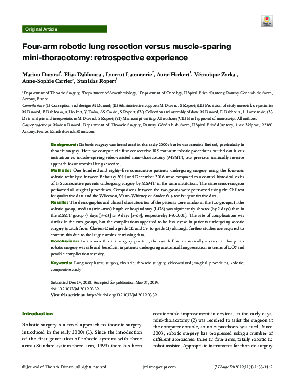 (PDF) Four-arm robotic lung resection versus muscle-sparing mini ...