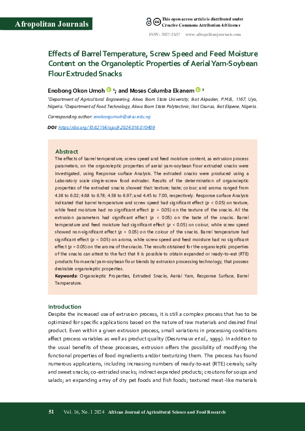 (PDF) Effects of Barrel Temperature, Screw Speed and Feed Moisture Content on the Organoleptic ...