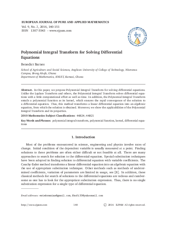 Pdf Polynomial Integral Transform For Solving Differential Equations