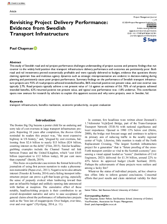 (PDF) Revisiting Project Delivery Performance: Evidence from Swedish Transport Infrastructure