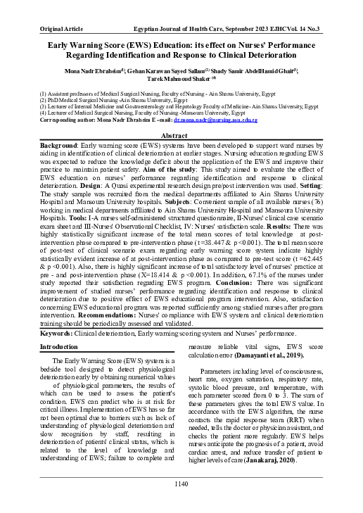 (PDF) Early Warning Score (EWS) Education: its effect on Nurses’ Performance Regarding ...