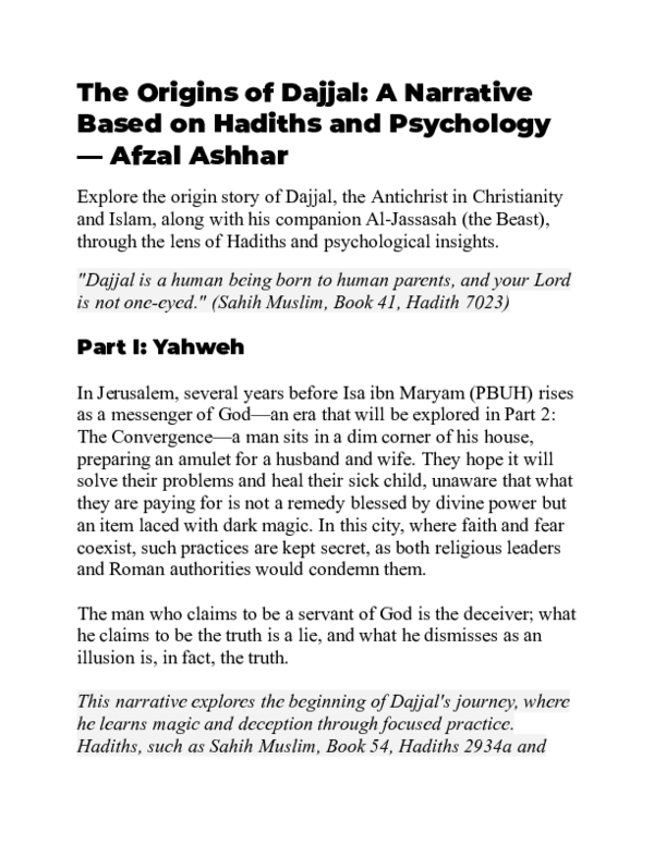 (PDF) The Origins of Dajjal: A Narrative Based on Hadiths and Psychology