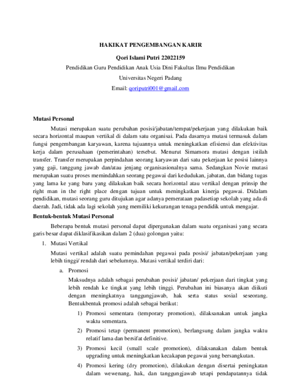 (PDF) Pengertian dan Bentuk-bentuk Mutasi Personal Pengembangan Karir