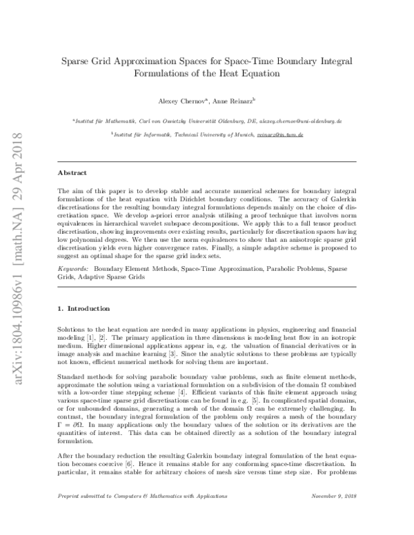 (PDF) Sparse grid approximation spaces for space–time boundary integral formulations of the heat ...