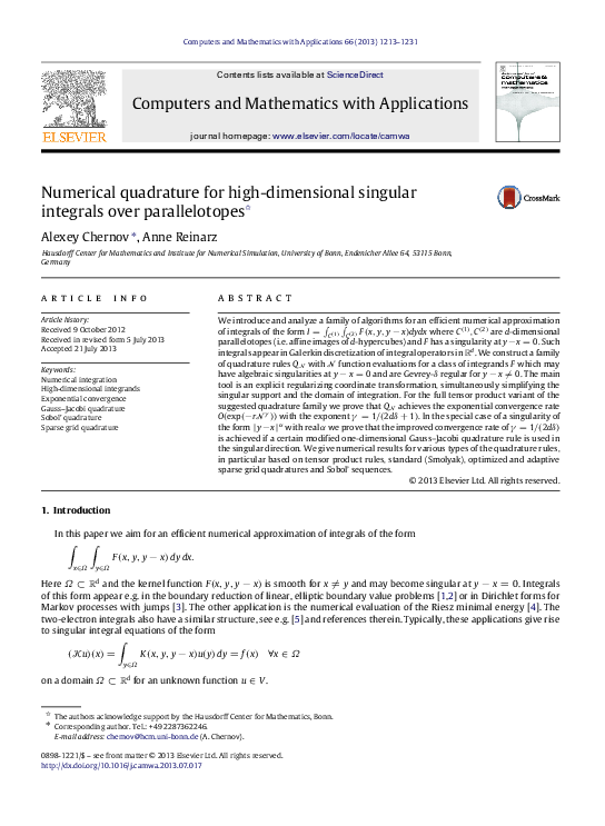 (PDF) Numerical quadrature for high-dimensional singular integrals over ...