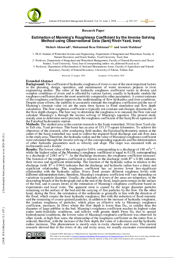 (PDF) Estimation of Manning's Roughness Coefficient by the Inverse Solving Method using ...