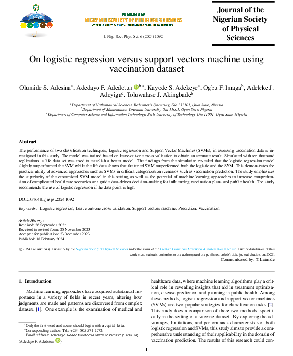 (PDF) On logistic regression versus support vectors machine using vaccination dataset