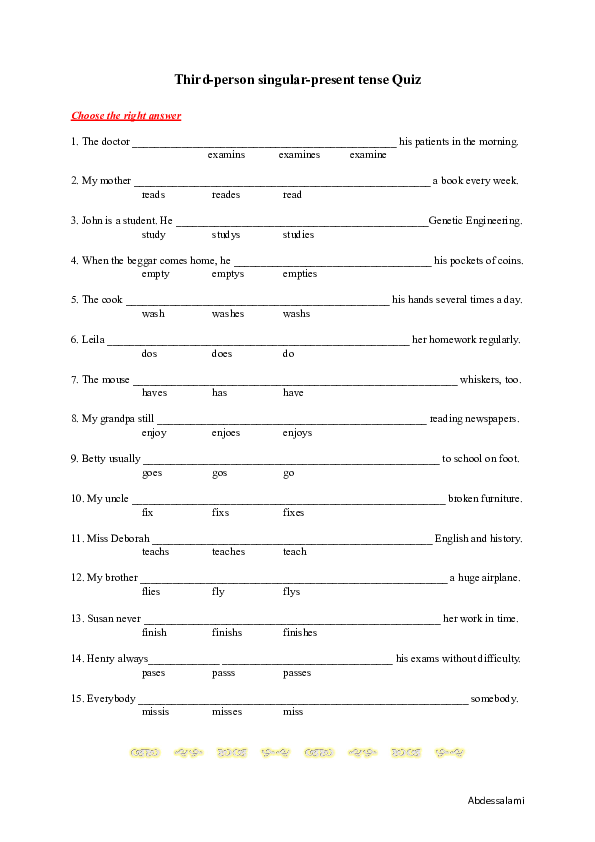 (PDF) Third-person singular-present tense Quiz