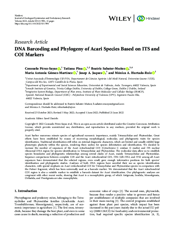 (PDF) DNA Barcoding and Phylogeny of Acari Species Based on ITS and COI ...