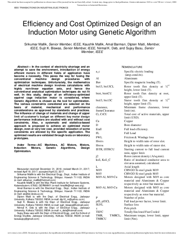 Pdf Efficiency And Cost Optimized Design Of An Induction Motor Using
