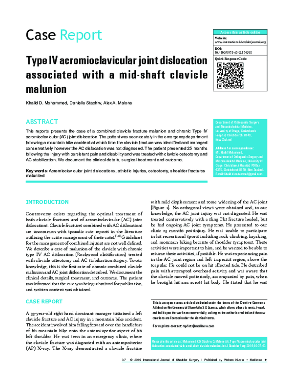 (PDF) Type IV acromioclavicular joint dislocation associated with a mid ...