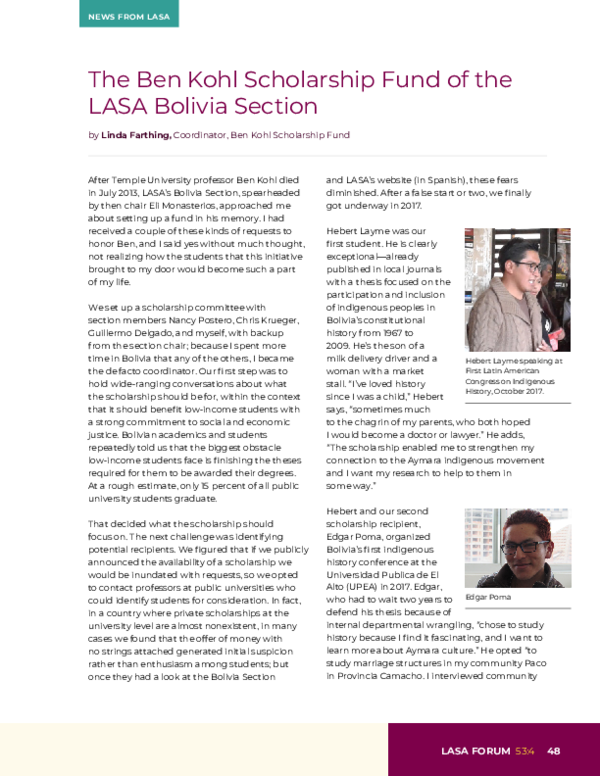 (PDF) The Ben Kohl Scholarship Fund of the LASA Bolivia Section | Linda Farthing - Academia.edu