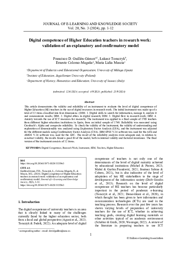 (PDF) Digital competence of Higher Education teachers in research work: validation of an ...