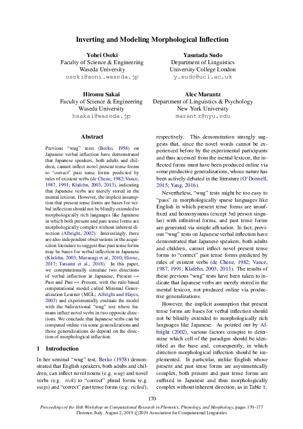 (PDF) Inverting and Modeling Morphological Inflection (PDF) Inverting and Modeling Morphological Inflection