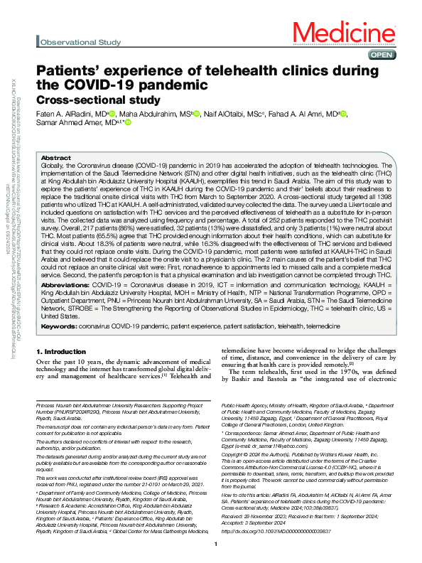 (PDF) Patients' experience of telehealth clinics during the COVID-19 ...