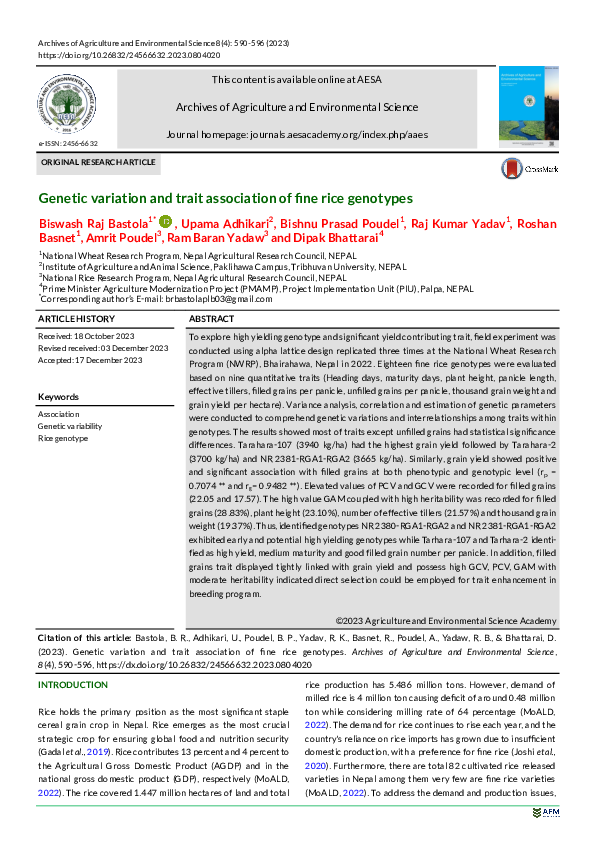 (PDF) Genetic variation and trait association of fine rice genotypes