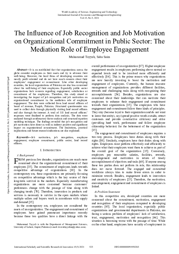(PDF) The Influence of Job Recognition and Job Motivation on Organizational Commitment in Public ...