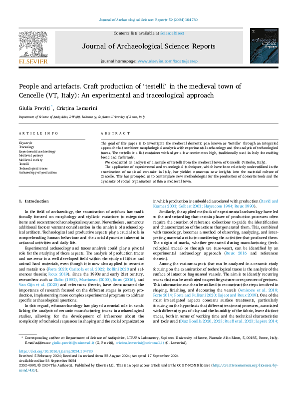 (PDF) People and artefacts. Craft production of 'testelli' in the ...