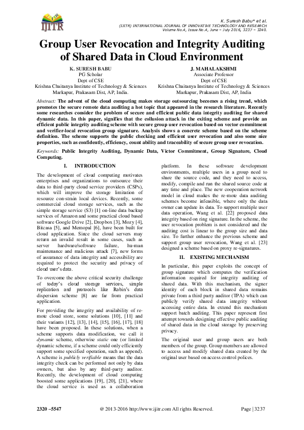 (PDF) Group User Revocation and Integrity Auditing of Shared Data in Cloud Environment