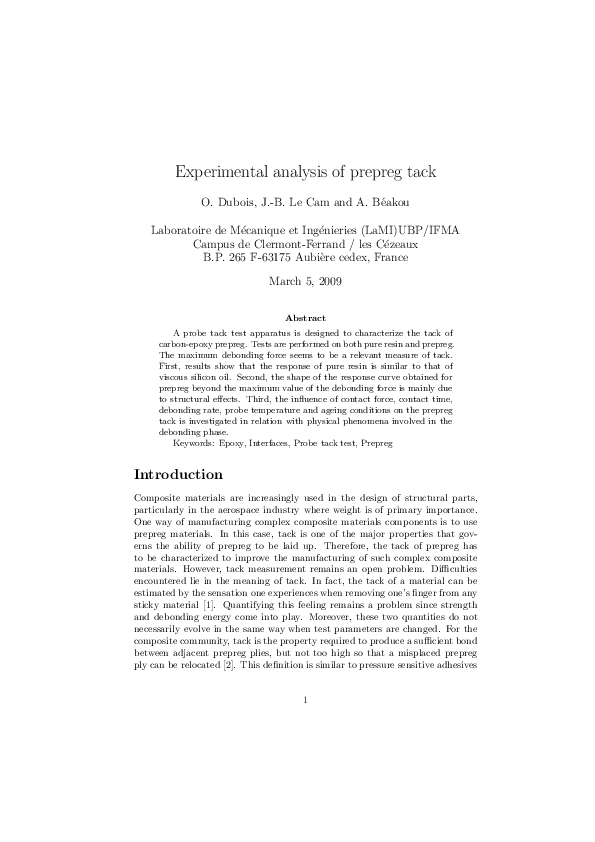 (PDF) Experimental Analysis of Prepreg Tack