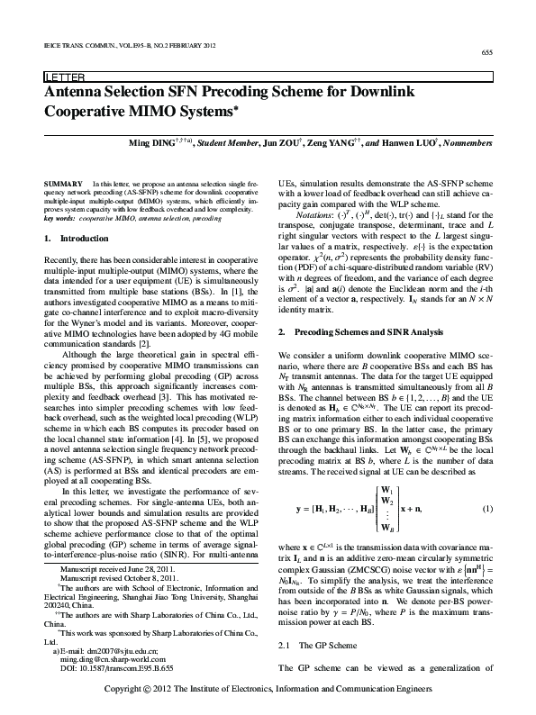 (PDF) Antenna Selection SFN Precoding Scheme for Downlink Cooperative MIMO Systems