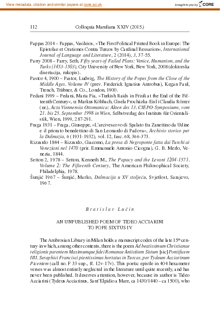 (PDF) An Unpublished Poem of Tideo Acciarini to Pope Sixtus IV