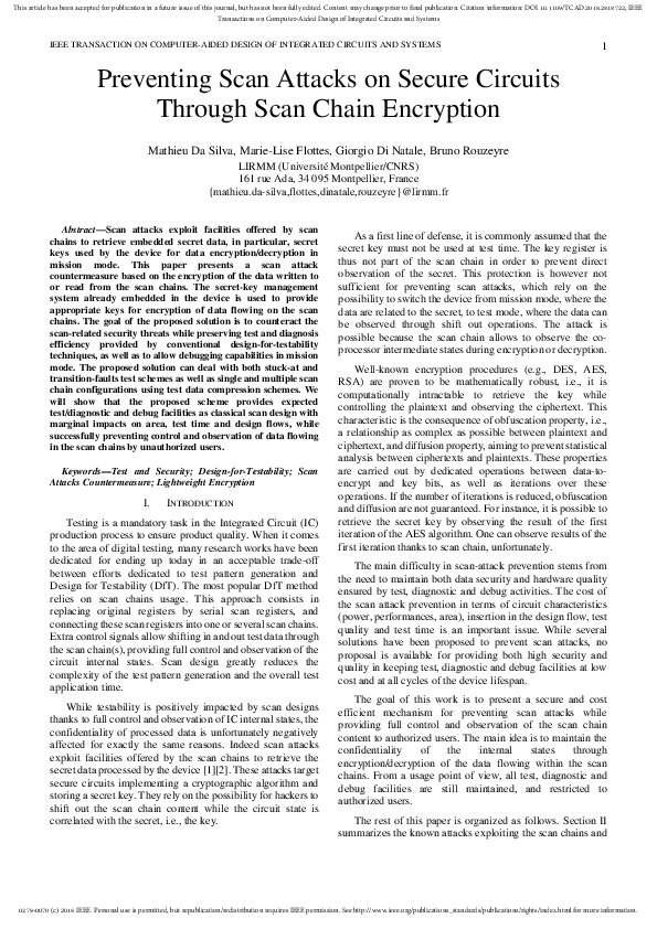 Pdf Preventing Scan Attacks On Secure Circuits Through Scan Chain