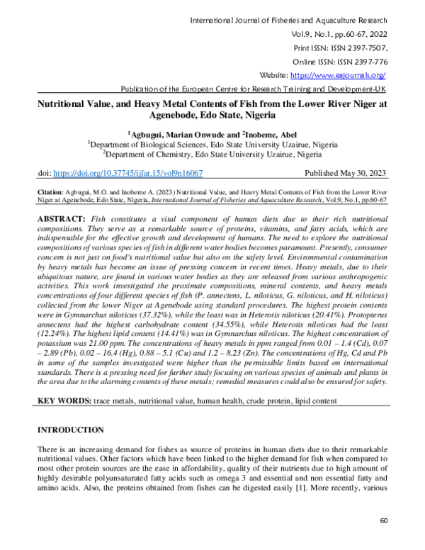 (PDF) Nutritional Value, and Heavy Metal Contents of Fish from the ...