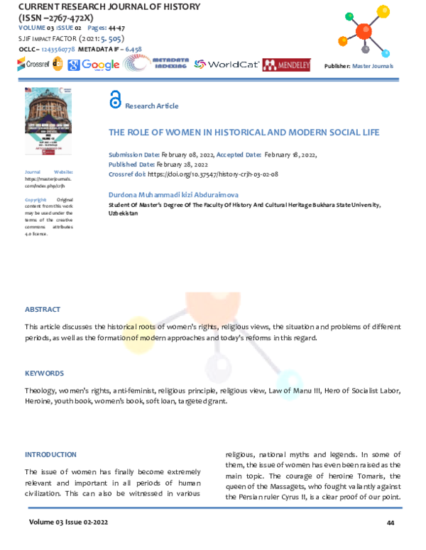 (PDF) The Role of Women in Historical and Modern Social Life