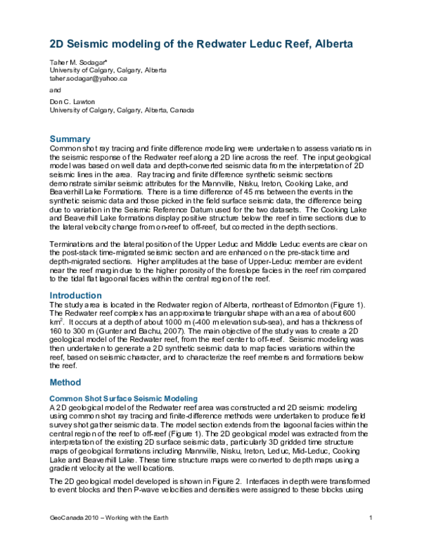 (PDF) 2D Seismic modeling of the Redwater Leduc Reef, Alberta