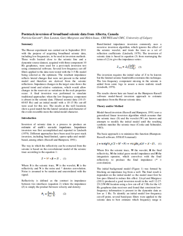 (PDF) Poststack inversion of broadband seismic data from Alberta, Canada