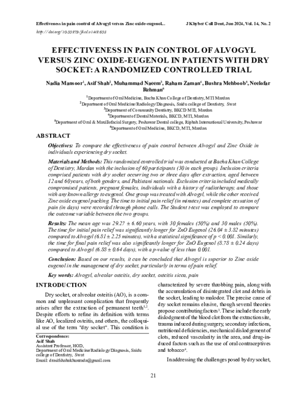 Effectiveness in Pain Control of Alvogyl Versus Zinc Oxide-Eugenol in ...