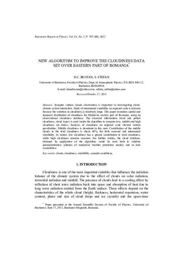 (PDF) New Algorithm to Improve the Cloudiness Data Set Over Eastern Part of Romania | Sabina ...