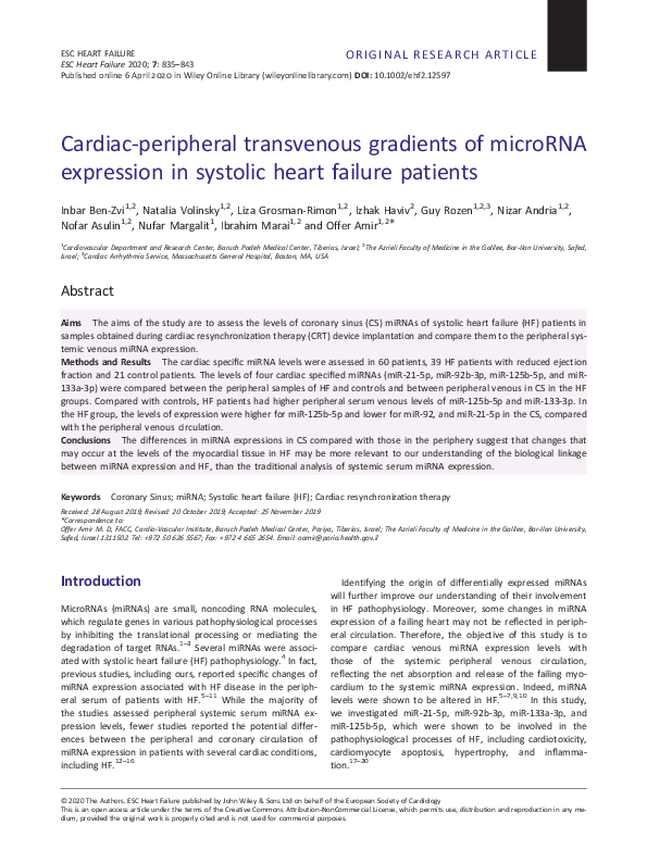 (PDF) Cardiac‐peripheral transvenous gradients of microRNA expression ...