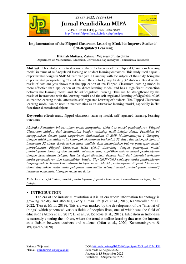 (PDF) Implementation of the Flipped Classroom Learning Model to Improve Students' Self-Regulated ...