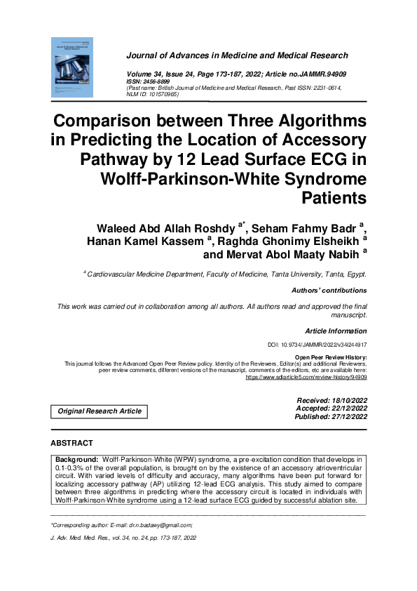 Pdf Comparison Between Three Algorithms In Predicting The Location Of Accessory Pathway By 12