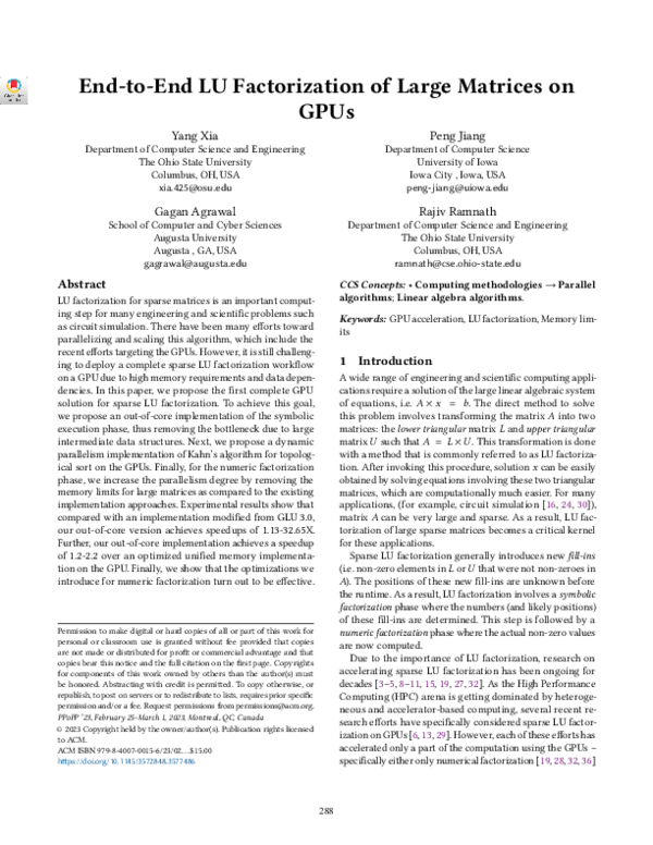 (PDF) End-to-End LU Factorization of Large Matrices on GPUs | Rajiv Ramnath - Academia.edu