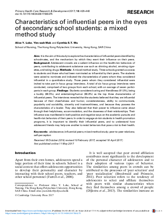 (PDF) Characteristics of influential peers in the eyes of secondary ...