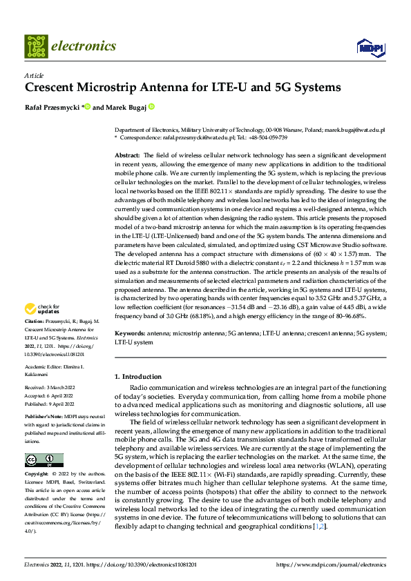 (PDF) Crescent Microstrip Antenna for LTE-U and 5G Systems