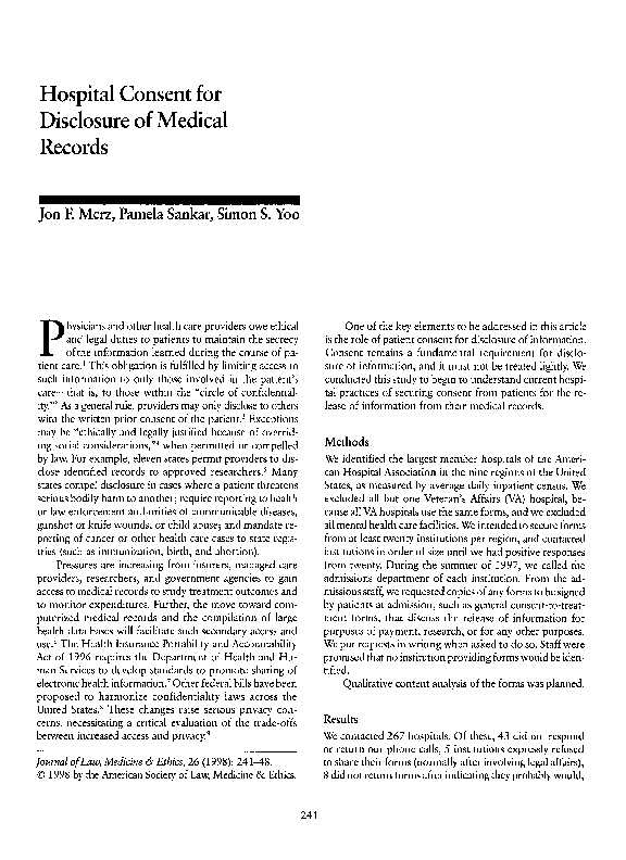 (PDF) Hospital Consent for Disclosure of Medical Records