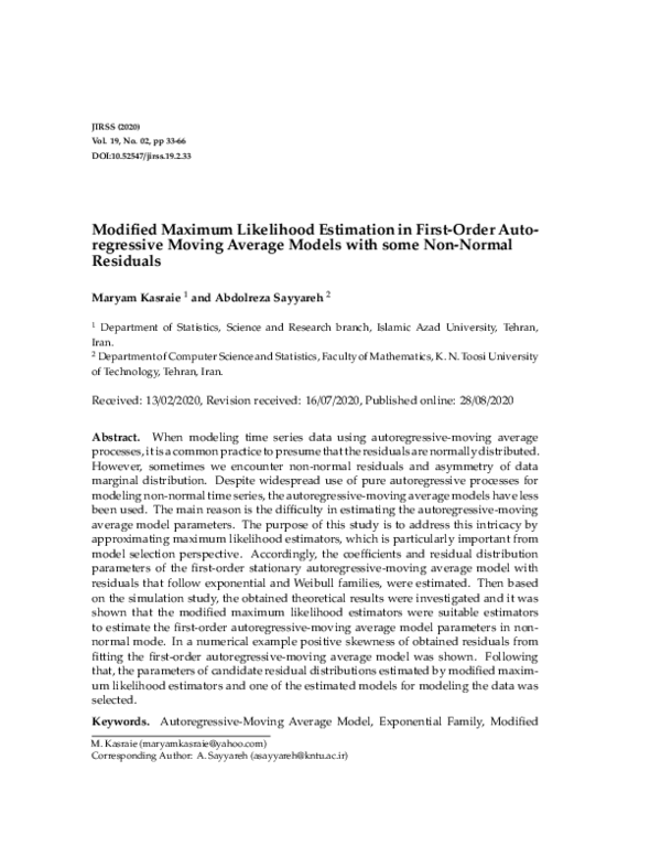 (PDF) Modified Maximum Likelihood Estimation in First-Order Autoregressive Moving Average Models ...