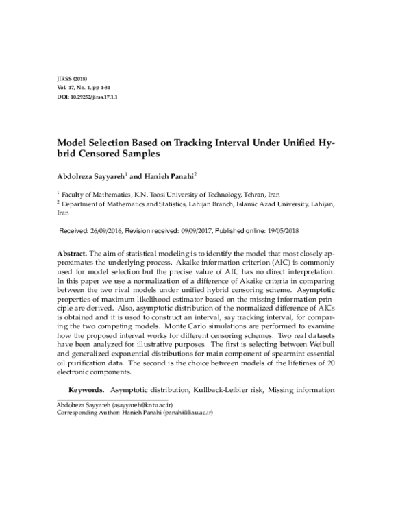 (PDF) Model Selection Based on Tracking Interval under Unified Hybrid Censored Samples ...