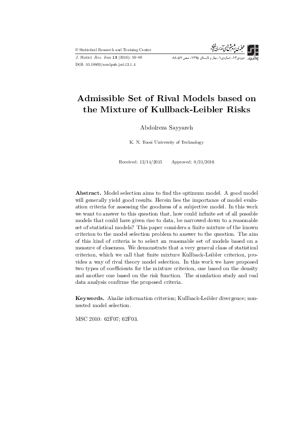 (PDF) Admissible Set of Rival Models based on the Mixture of Kullback ...