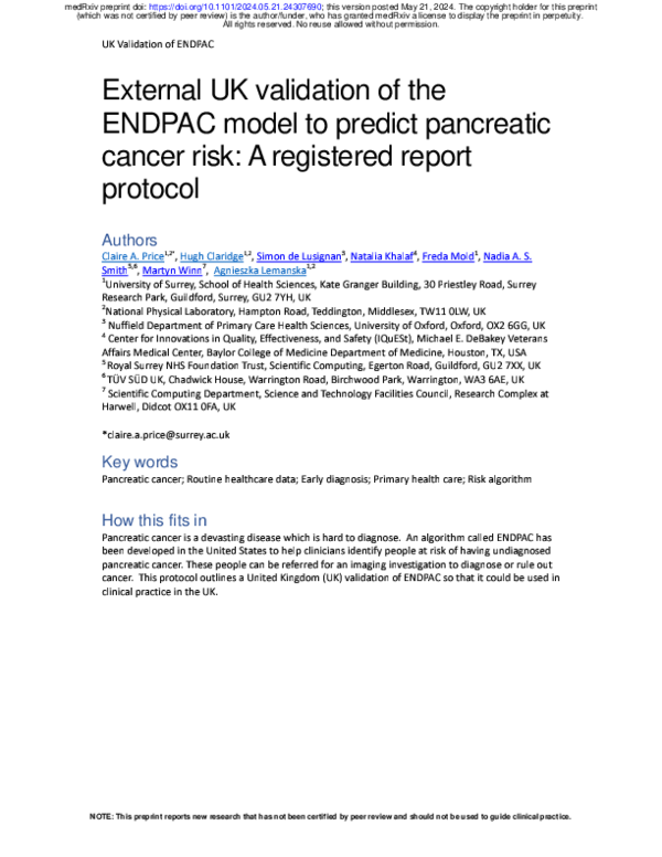 (PDF) Validating ENDPAC for Pancreatic Cancer Risk