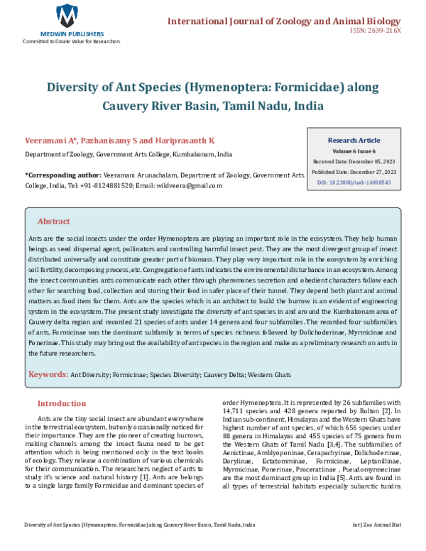 (PDF) Diversity of Ant Species (Hymenoptera: Formicidae) along Cauvery River Basin, Tamil Nadu ...