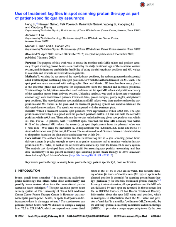 (PDF) Use of treatment log files in spot scanning proton therapy as part of patient-specific ...